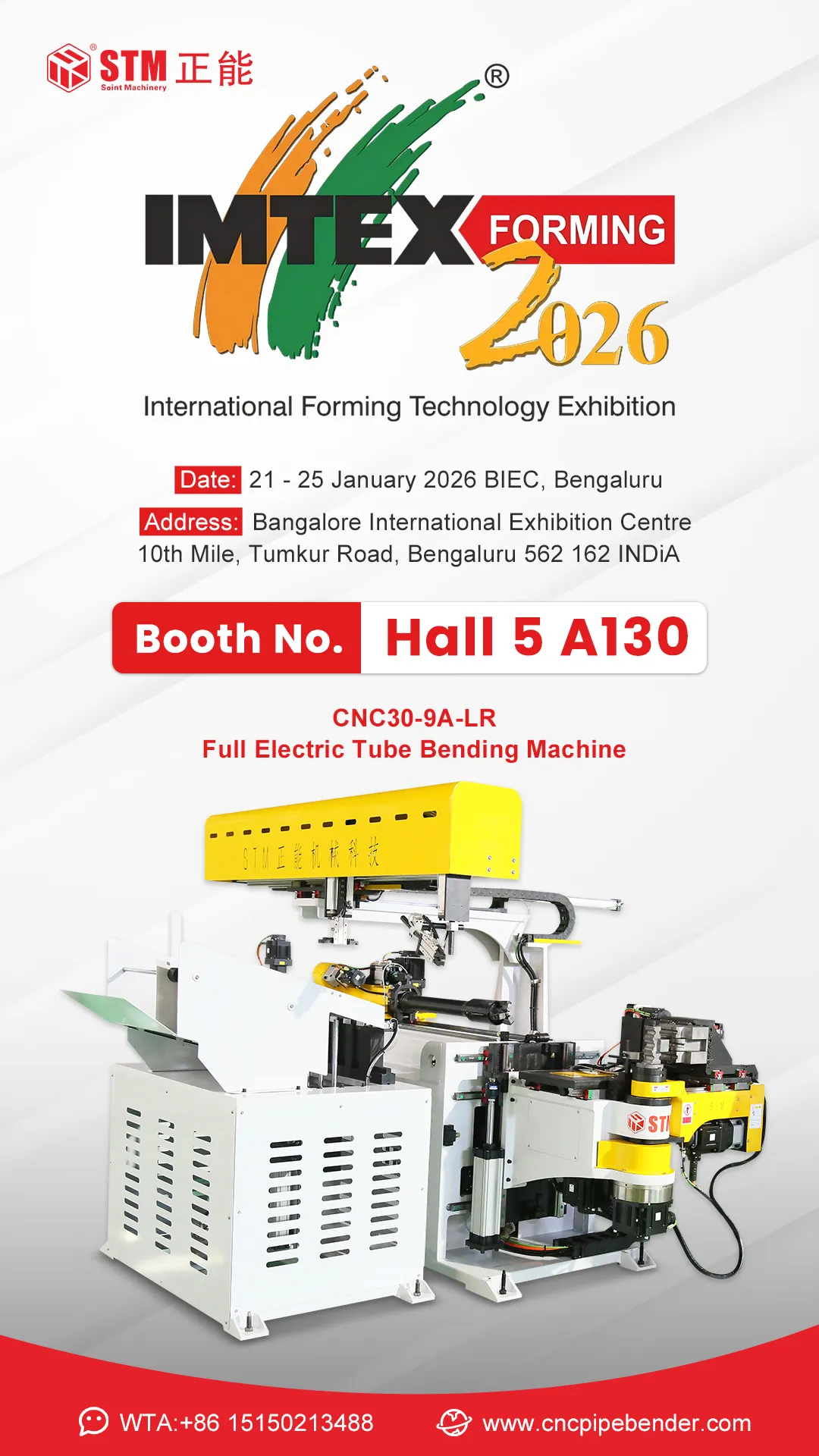 Imtex forming 2026 21 - 25 January 2026 BIEC, Bengaluru STM Tube bending machine Hall 5 A130 Booth.