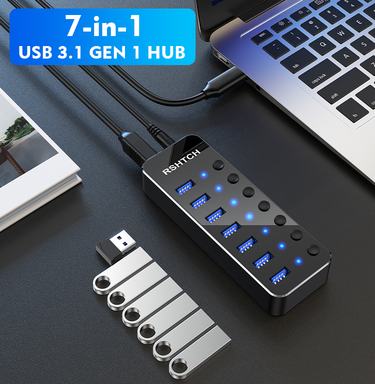 USB 3.0 Hub 7 Port Powered USB Hub Expander Aluminum USB 3.0 Data Port ...