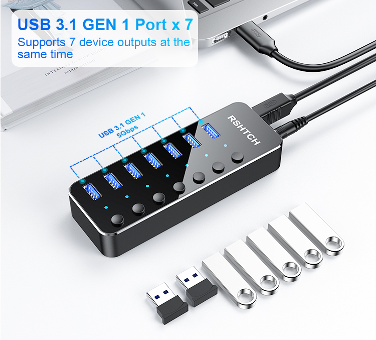USB 3.0 Hub 7 Port Powered USB Hub Expander Aluminum USB 3.0 Data Port ...